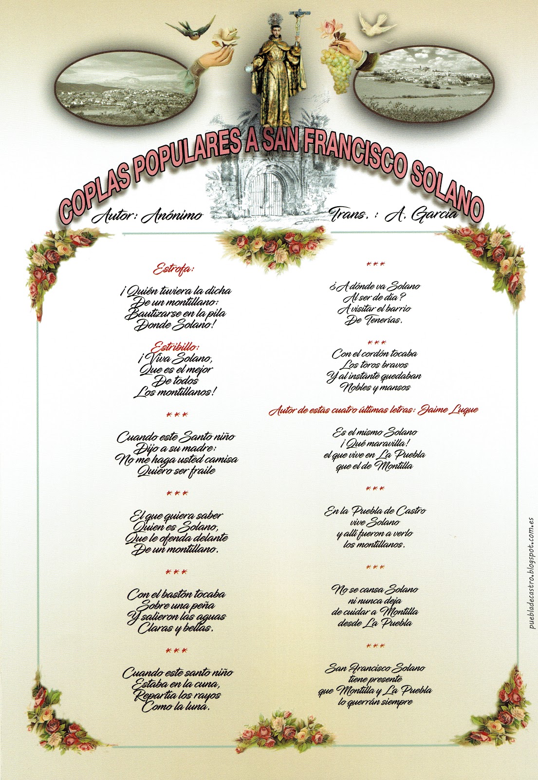 La Puebla de Castro: COPLAS POPULARES A SAN FRANCISCO SOLANO