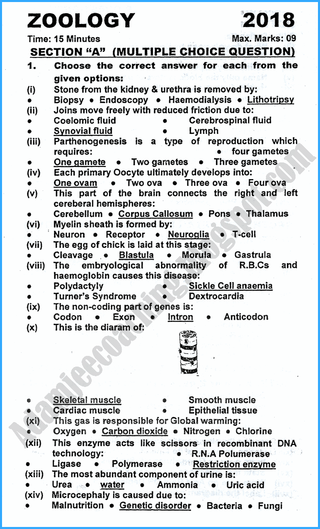 Adamjee Coaching: 12th Zoology - Past Year Paper - 2018