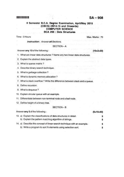 Data Structures Bangalore University B.C.A Apr/May 2015 Question Paper ...