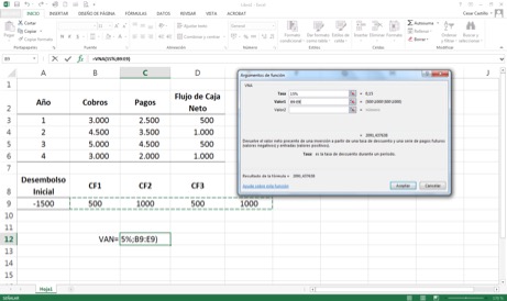 Cálculo del VAN mediante EXCEL