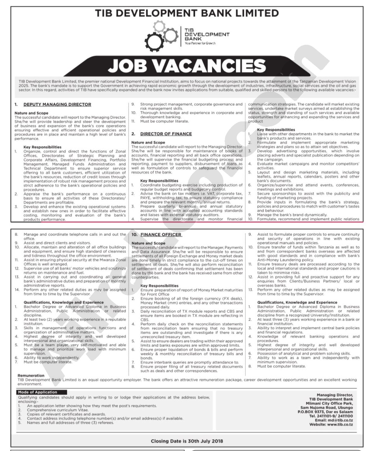 10 New Job Vacancies at TIB Development Bank - Tanzania | Deadline ...