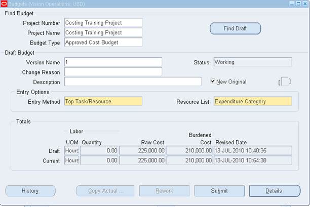 Oracle Applications: Oracle Project Budget Details