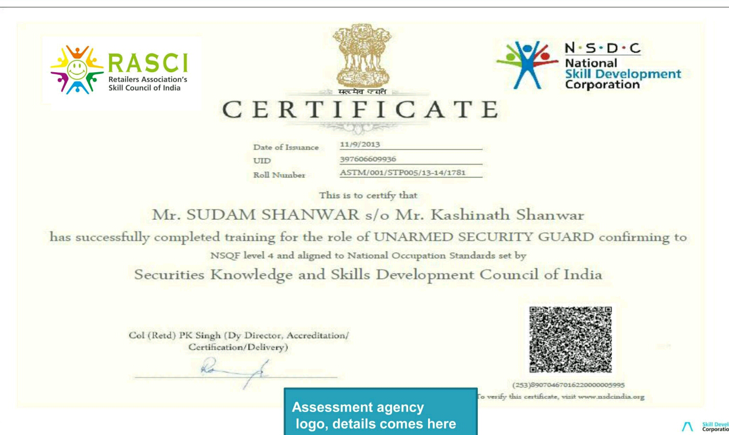 VRAND PATRA: STAR scheme certificate (specimen copy)