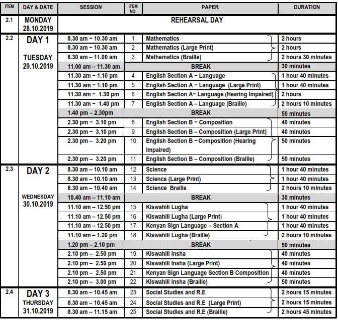 MATOKEO YA MITIHANI - Examination Results: KNEC KCPE TIMETABLE 2019