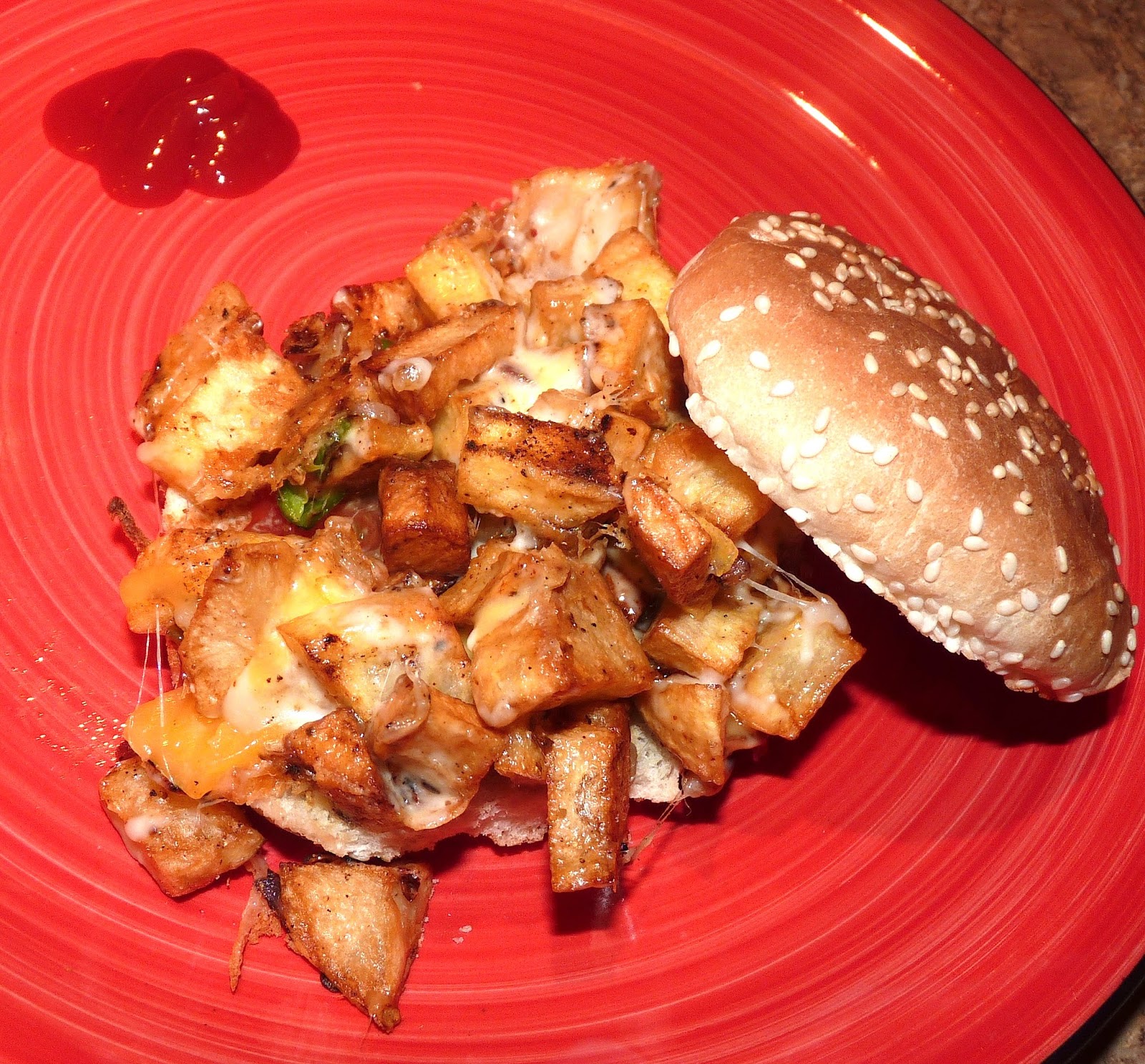 Vegan Deluxe Atomic Cajun Potato Chunk Burger Smothered in Cheese with ...