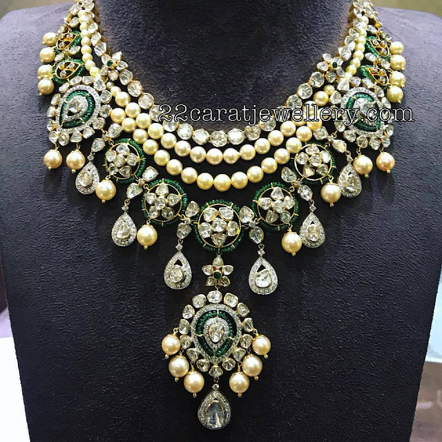 Pearls and Pachi set with Diamond Drops - Jewellery Designs