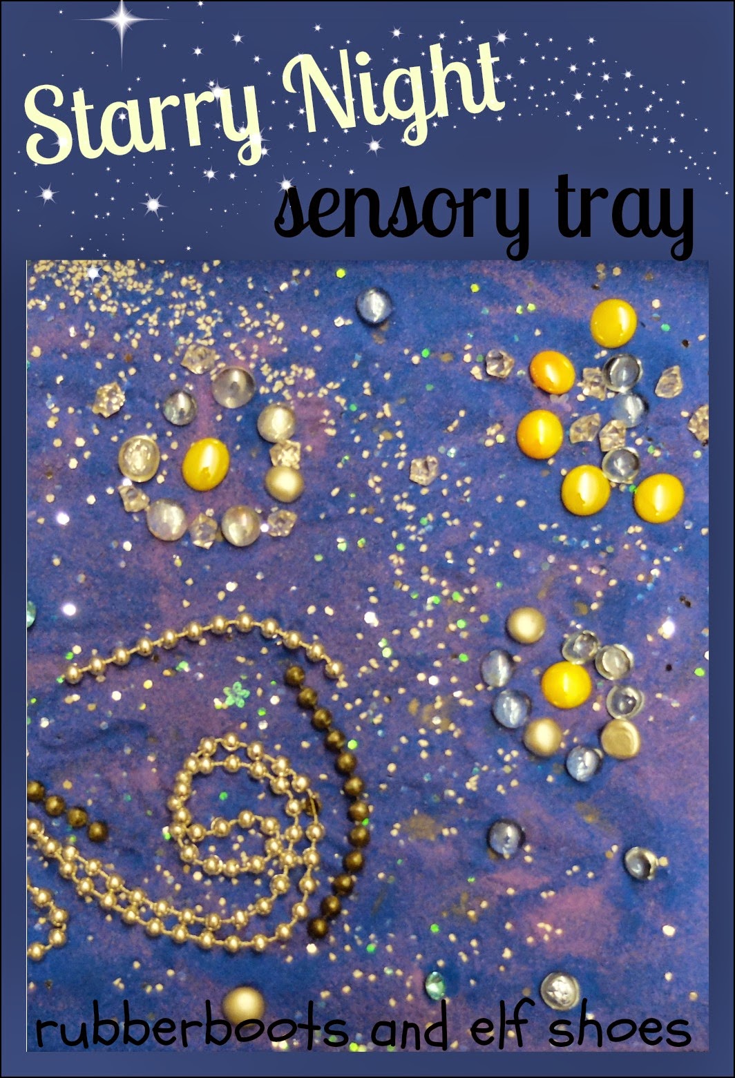 Starry Night sensory tray - rubber boots and elf shoes