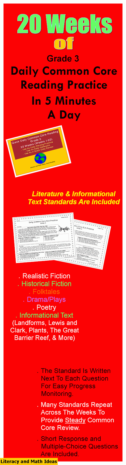 Literacy & Math Ideas: 20 Weeks of Grade 3 Daily Common Core Reading ...