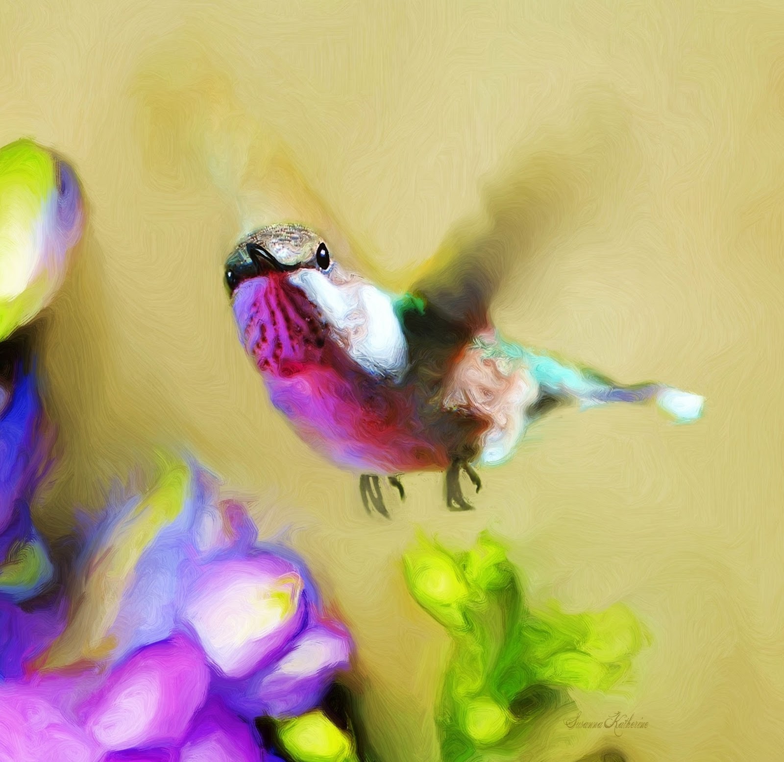 Paintings-of-Artists-Original-Unusual- Art: Hummingbird and Flowers