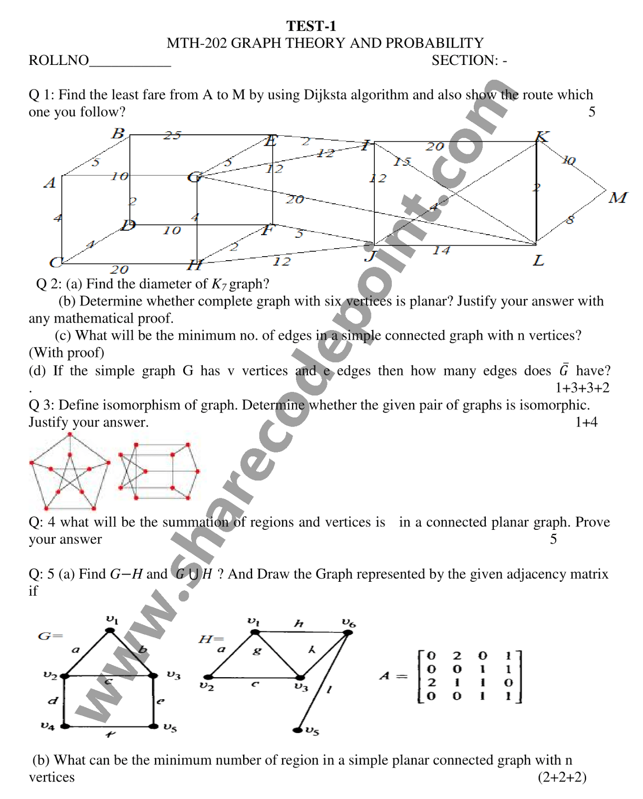 MTH202 : Graph Theory and Probability Class Test (CA 1) Questions