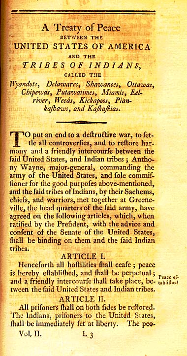 Great Warriors Path: Treaty: First Treaty of Greenville, August 3, 1795