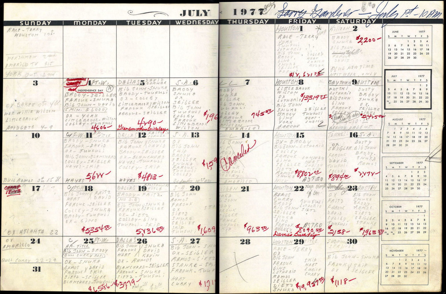 World Class Memories: MEMORABILIA: 1977 Booking Calendar
