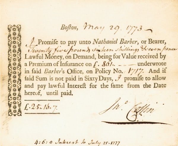 Collectible Old Stocks and Bonds: 1773 Insurance Promissory Note