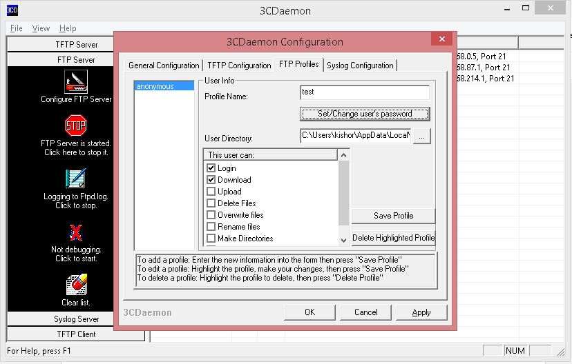 Configuration of FTP using 3CDaemon