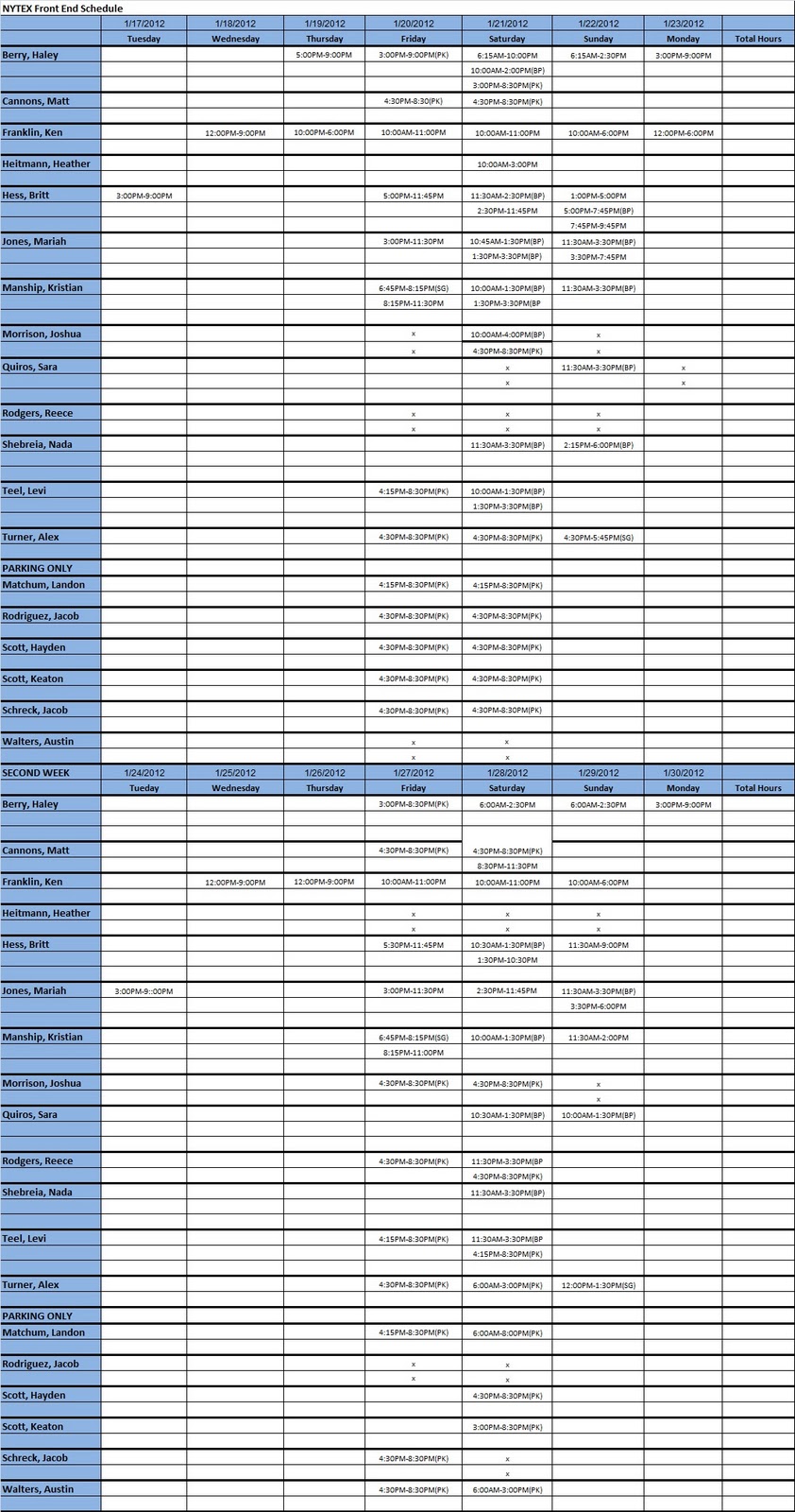 Front Desk and Score Keeper Schedules
