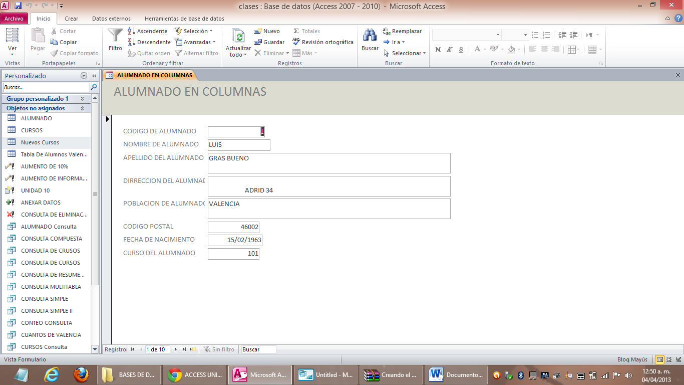 FUNDAMENTOS DE BASE DATOS: UNIDAD 11 "CREAR FORMULARIOS"[EJERCICIO 1 ...