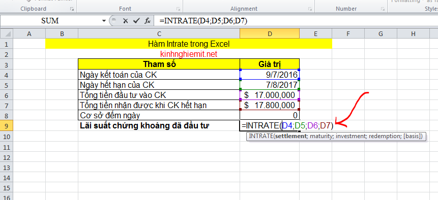 Cách sử dụng hàm Intrate trong excel