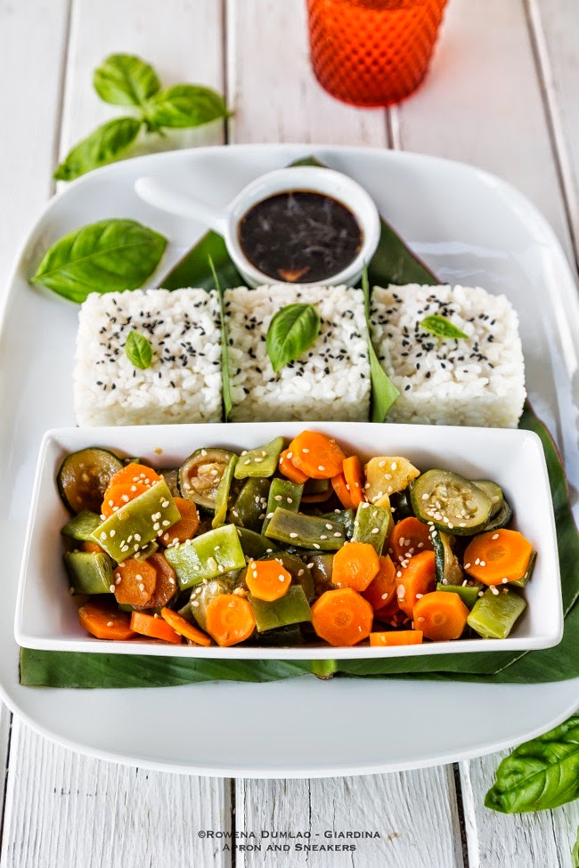 Asian Coconut Rice with Steamed Vegetables in Soy-Lime-Ginger Sauce