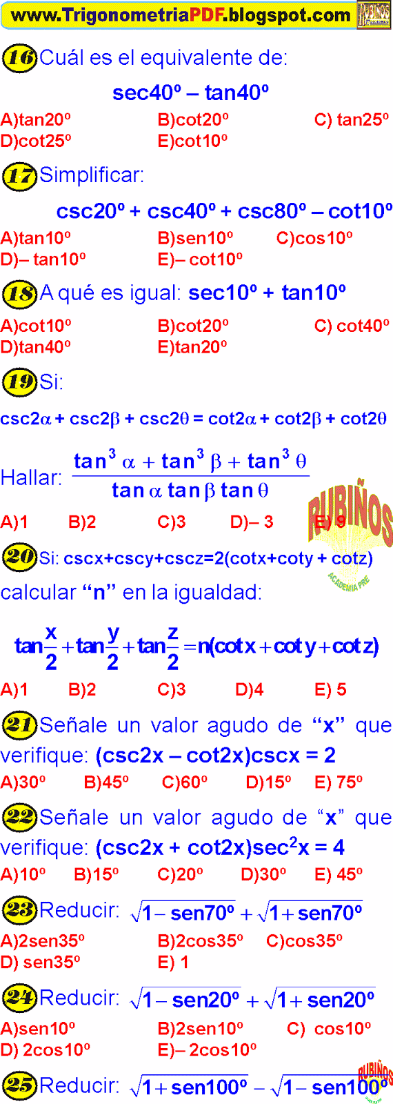 IDENTIDADES DEL ANGULO MITAD EJERCICIOS RESUELTOS DE TRIGONOMETRIA PDF