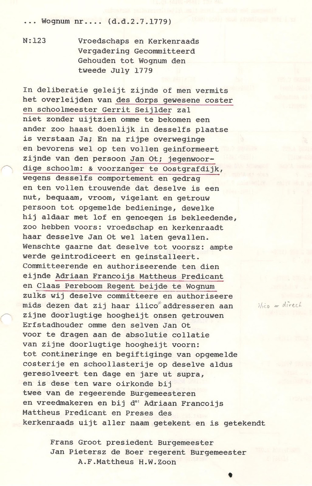 Ott ~ voorouderonderzoek: 1779 juli 2 voordracht Jan Ott Wognum