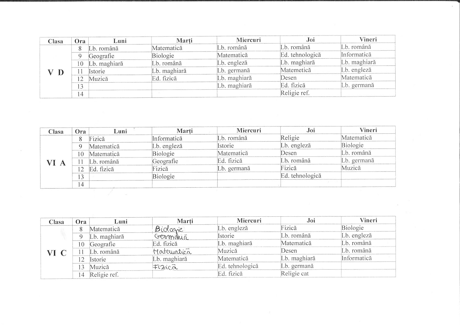 Şcoala Gimnazială "Dr. Bernády Győrgy", Tîrgu Mureş: ORAR ELEVI 2015-2016