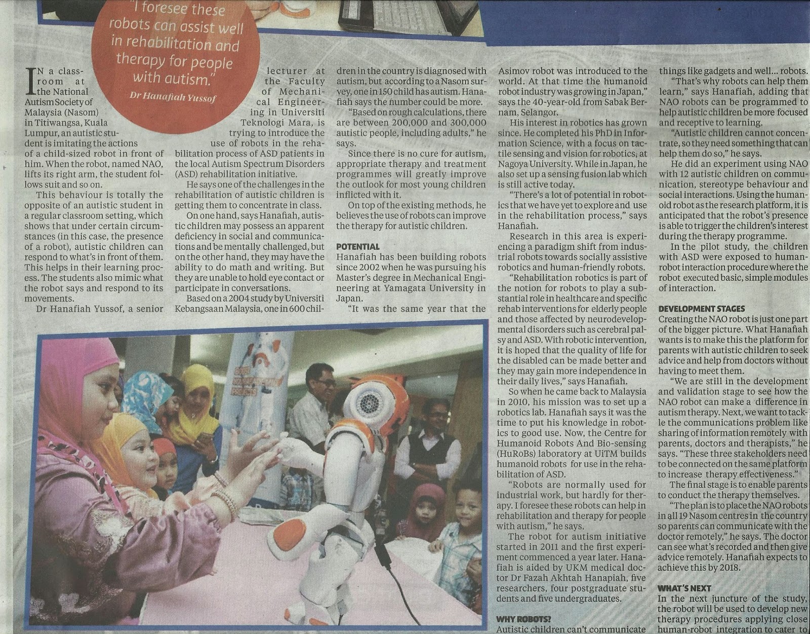 Newspaper Article: "Robots for Autism Rehabilitation" on New Straits ...