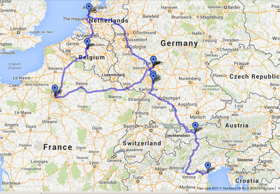 WHEUPA 2013 Europe Trip: Map of Europe with hotel locations
