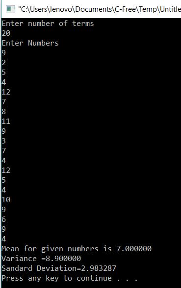 All C Programs Program 299 Program To Display Mean Variance And Standard Deviation