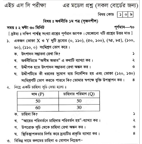 HSC Economics 1st Paper Suggestion 2023 with Question Paper