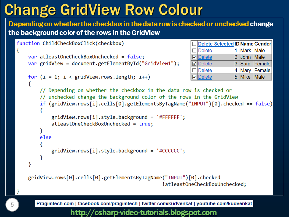 Sql server, .net and c# video tutorial: Change gridview row color when ...