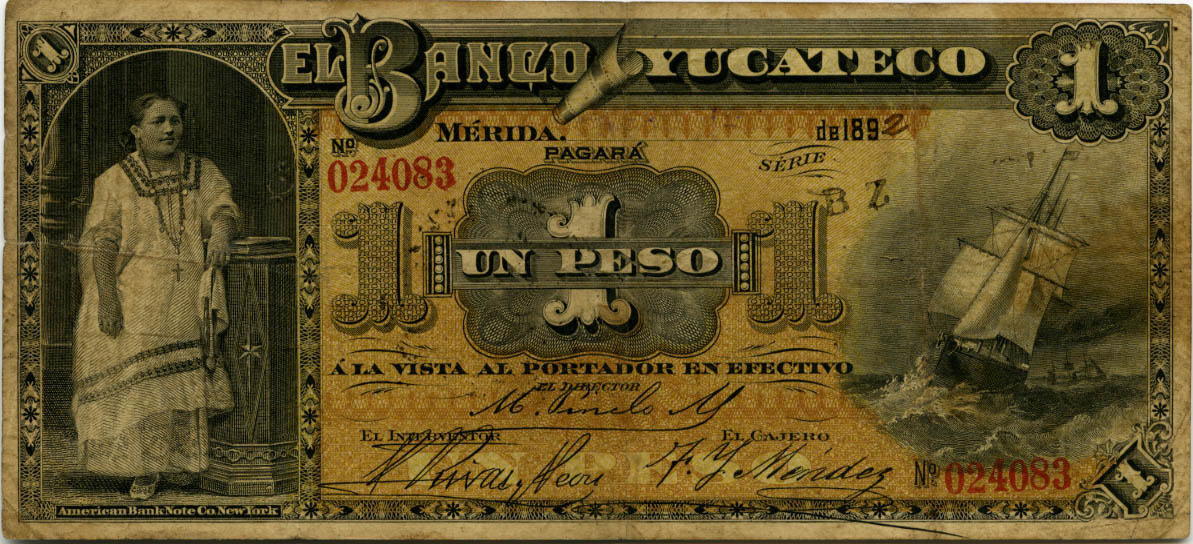 Mexico banknotes 1 Peso note of 1892 Banco Yucateco|World Banknotes ...