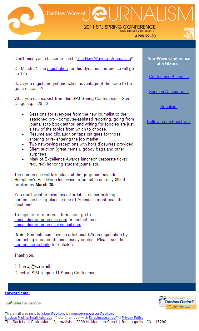 SPJ Communications Coordinator: Regional Conference Sample Message