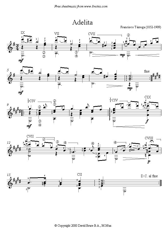 Partitur Gitar Klasik "Adelita" By. Tarrega