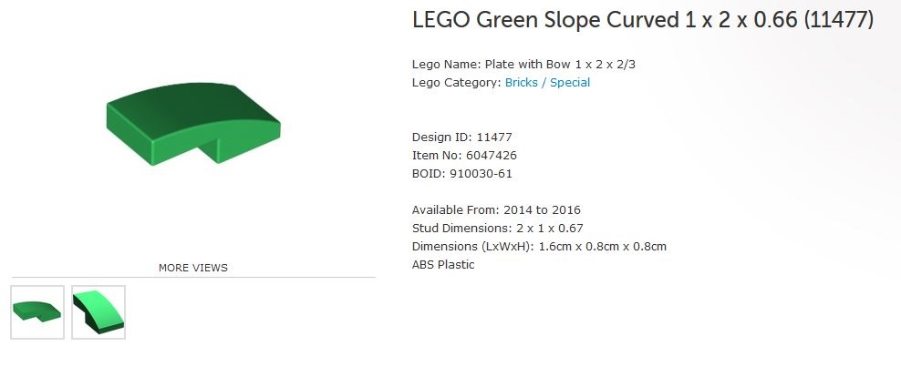 LEGO 11477 Green 1x2 PLATE w/ BOW Slope Curved 1 x 2 x 0.66 ~ stores ...