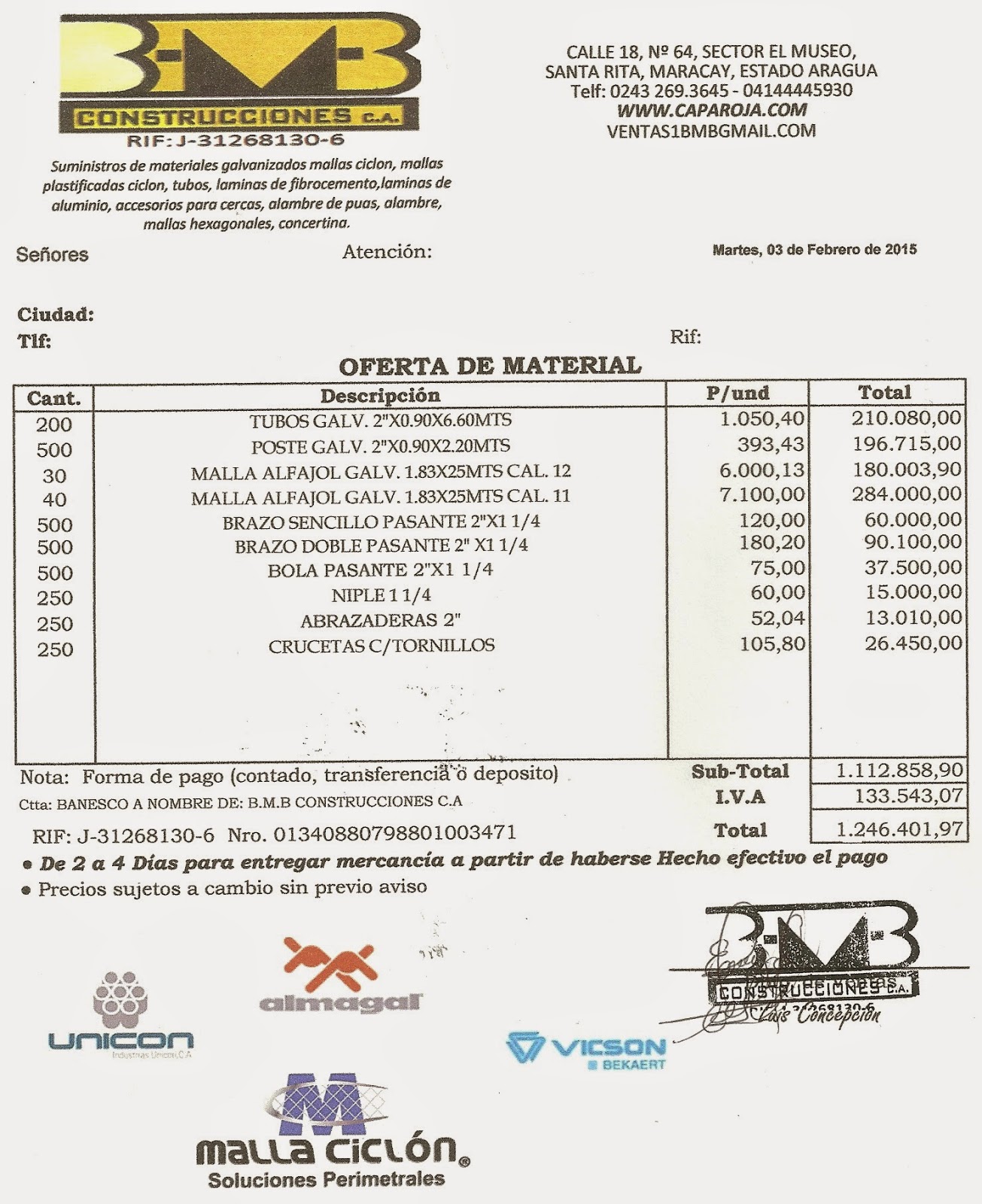 O C V LIBERTADORES: COTIZACION DEL MATERIAL Cerca perimetral