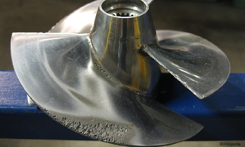 damaged propeller blade due to cavitation