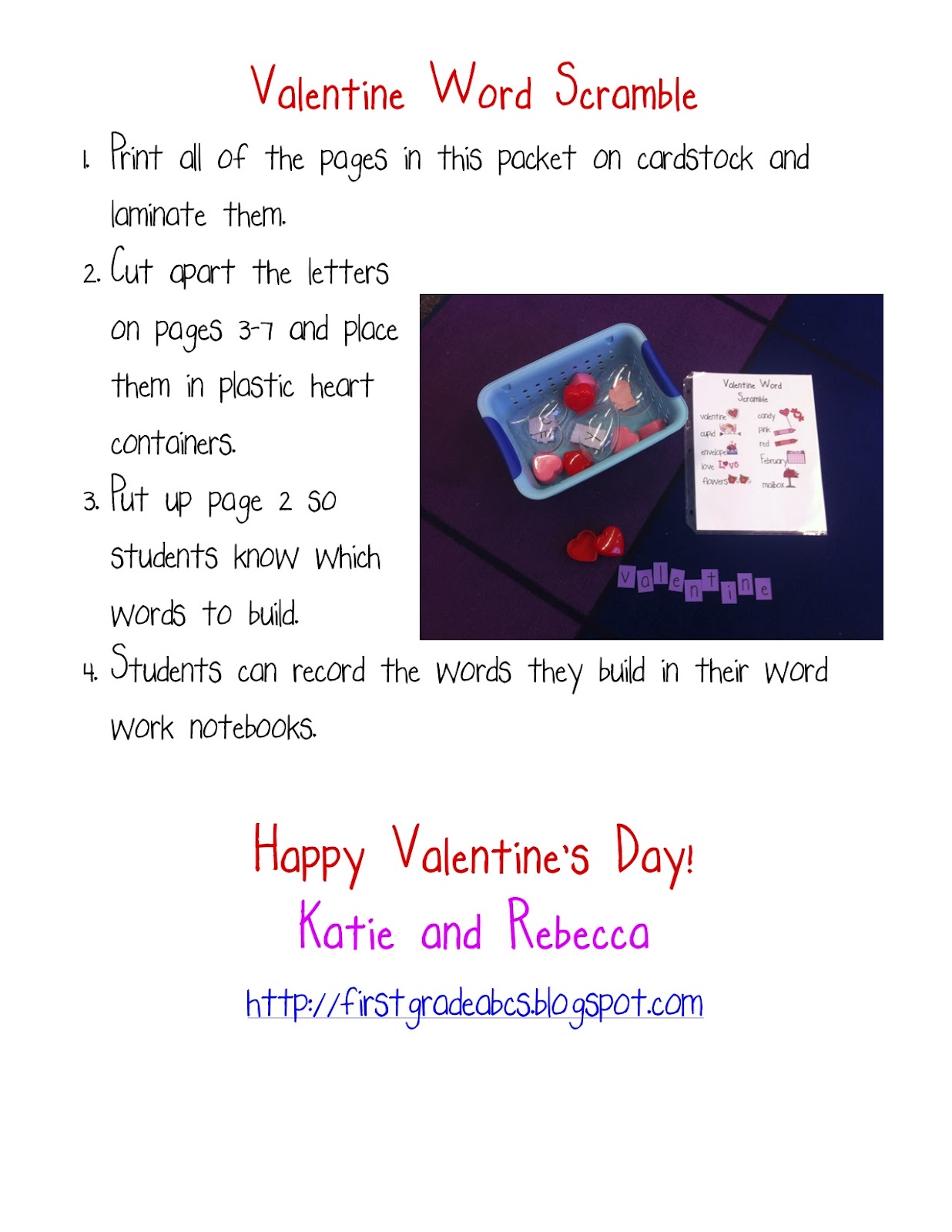 Teach Love Laugh: Valentines Freebie - Scrambled Words Center