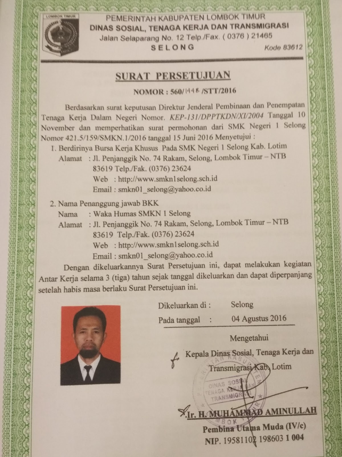 BURSA KERJA KHUSUS SMKN 1 SELONG: SK Pendirian BKK