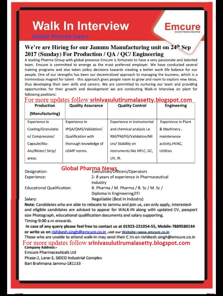 Global Pharma News: EMCURE PHARMACEUTICALS PVT LTD WALK IN INTERVIEW ON ...