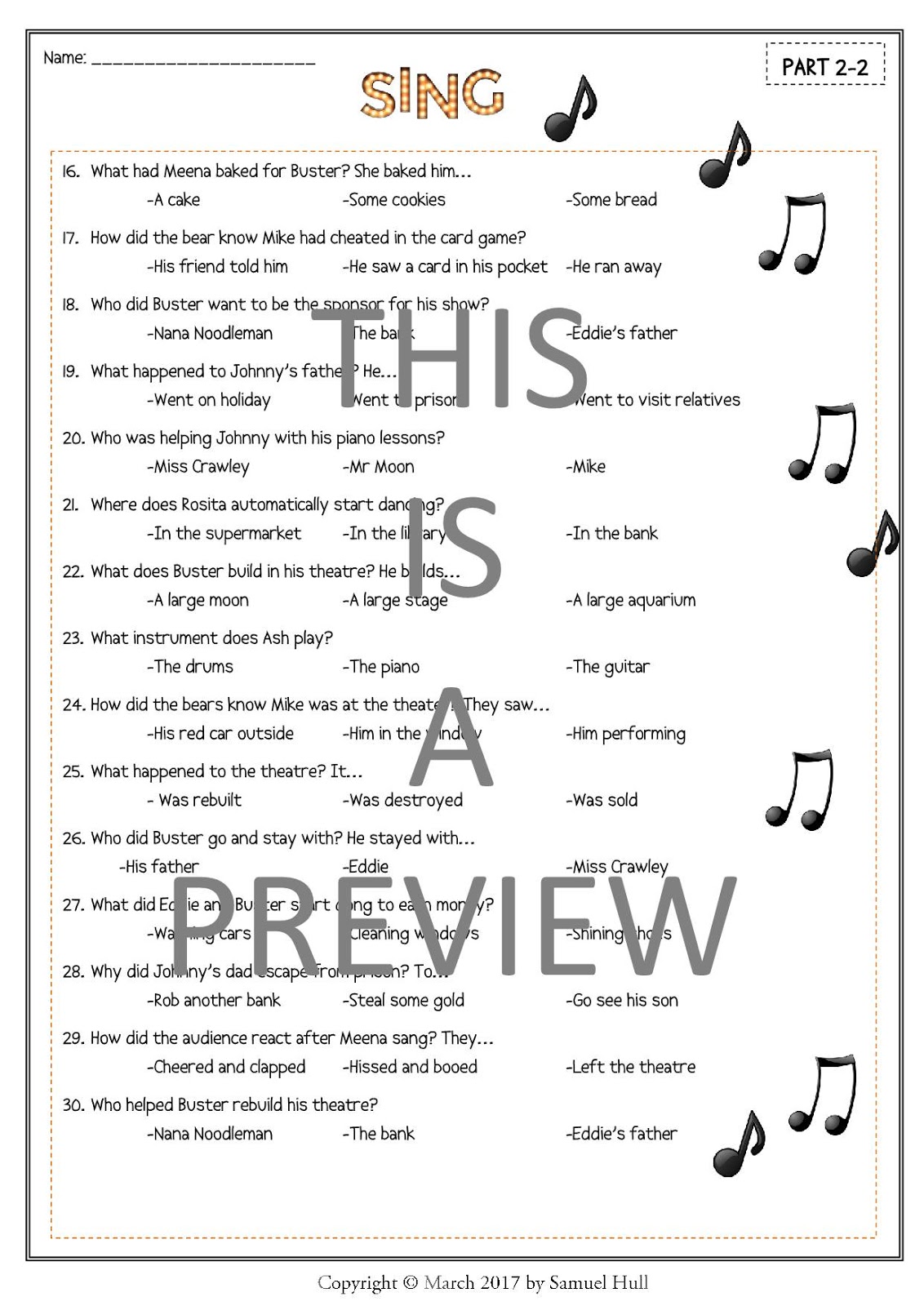 Sing (2016) - Movie Questions + Activities - Answer Key Included ...