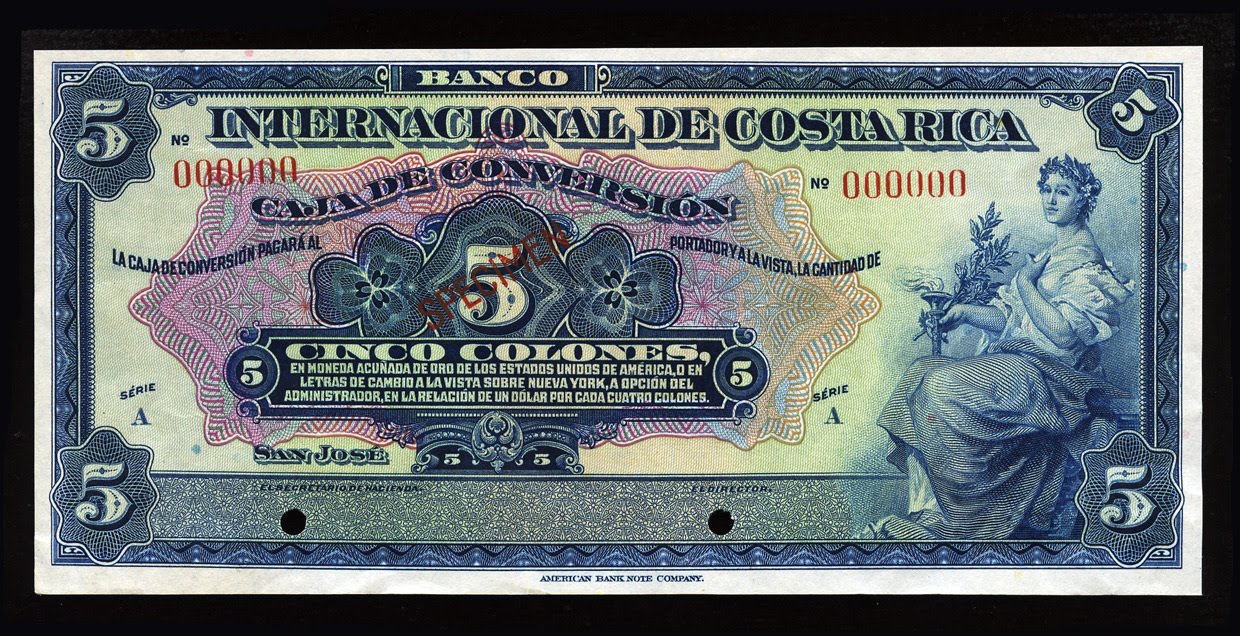 Costa Rica 5 Colones Banknote 1924 Banco Internacional de Costa Rica ...