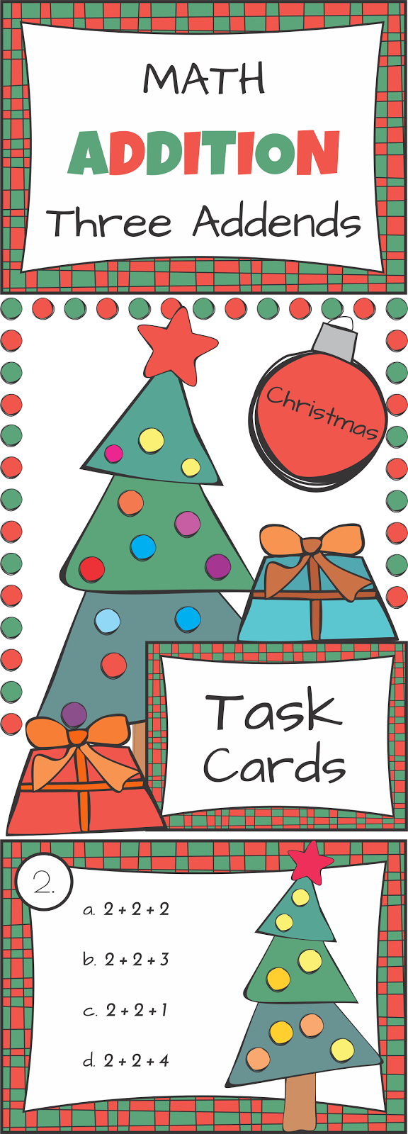 KM Classroom: Christmas Addition Math Facts with Three Addends Task Cards