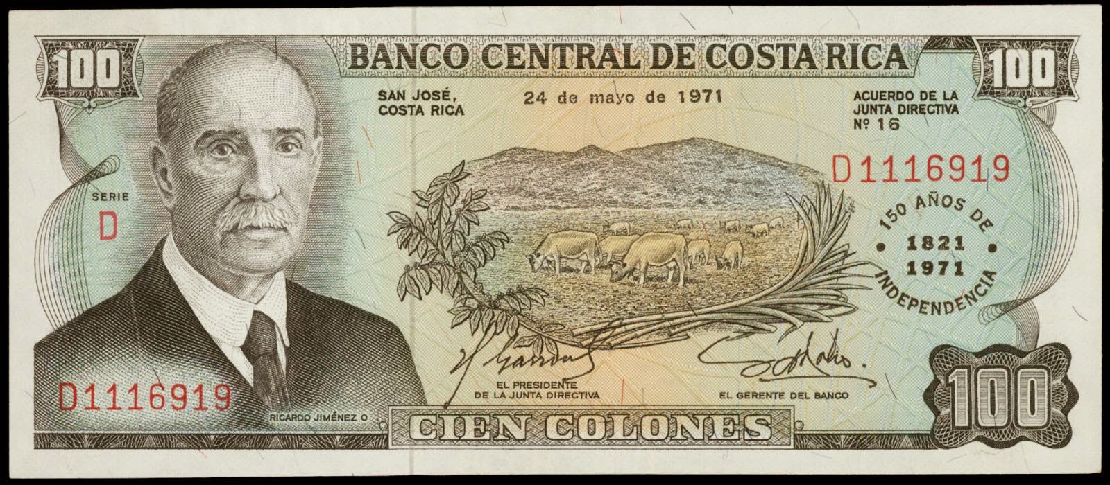 Costa Rica 100 Colones banknote 1971 "150 Years of Independence"|World ...