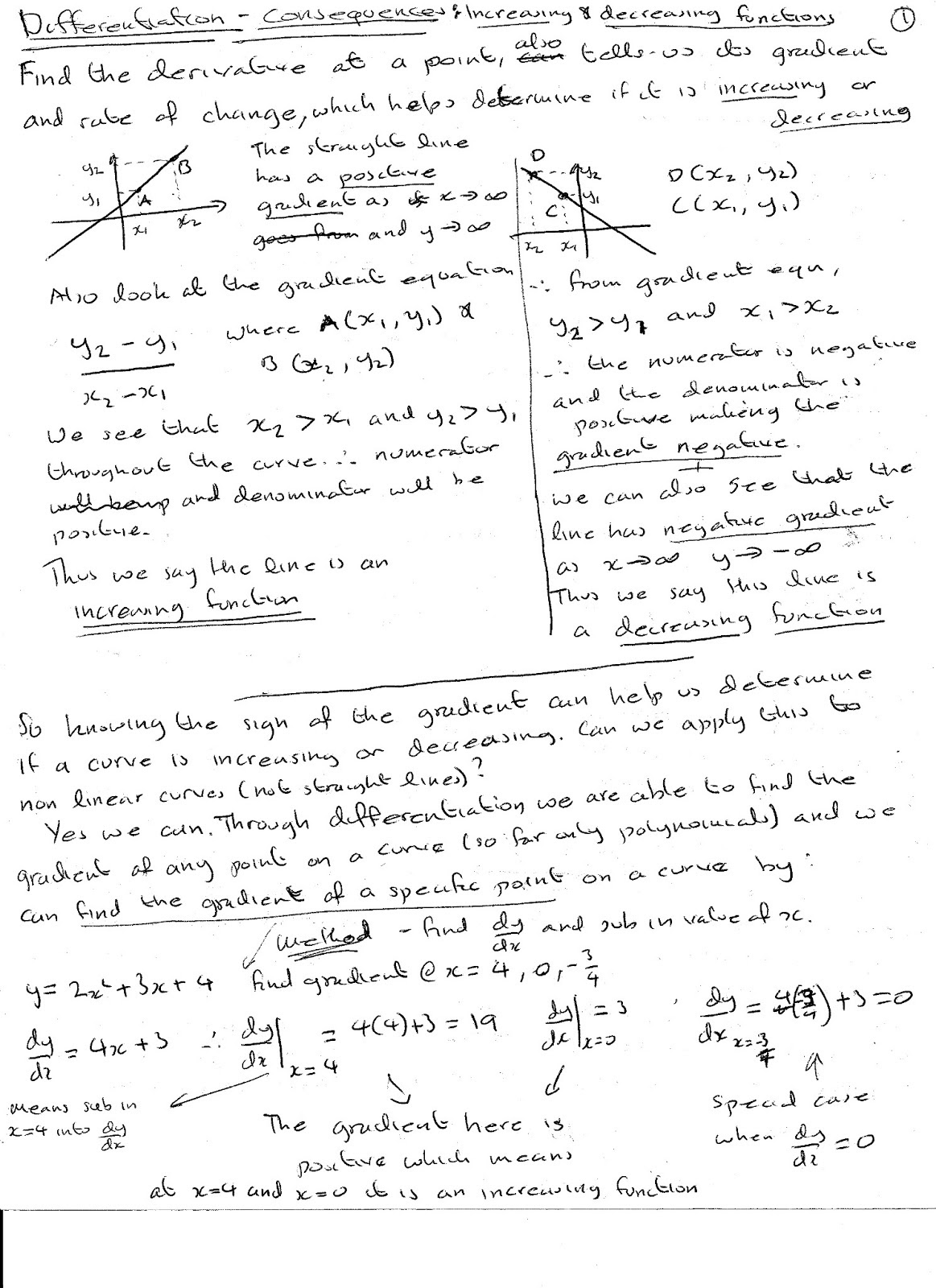 A Level Maths Notes: Differentiation - Increasing and Decreasing Functions