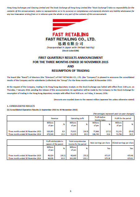Fast Retailing report Q1 2016