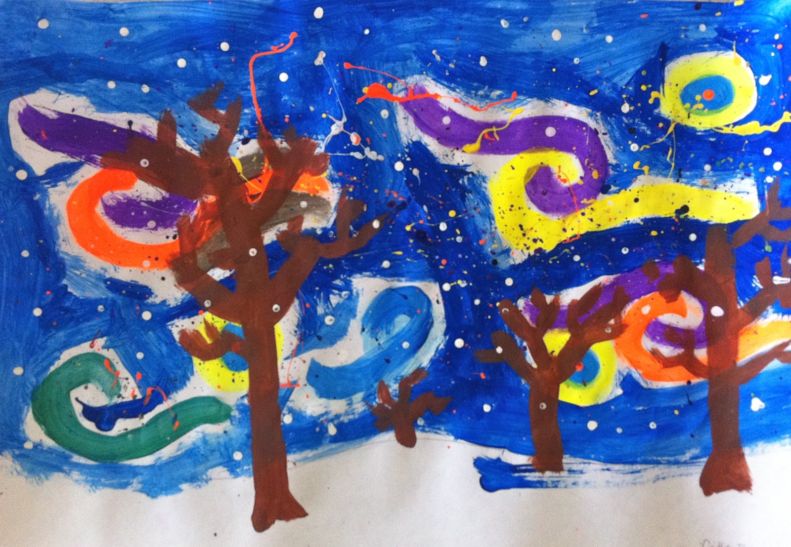 Expression of Imagination: Van gogh Inspired Winter Trees by Seventh Grade