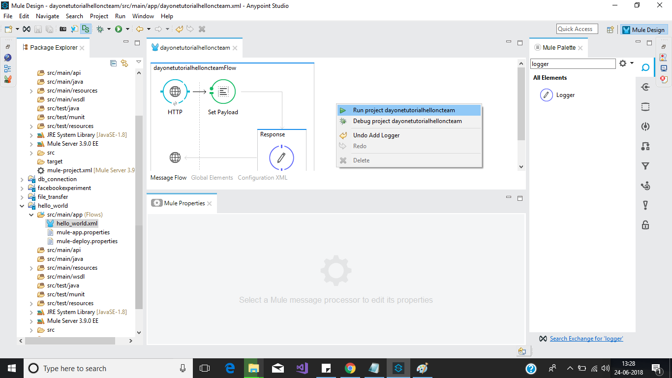 Mule ESB - First Tutorial - Setting up Anypoint Studio and Build First project using HTTP, Set ...