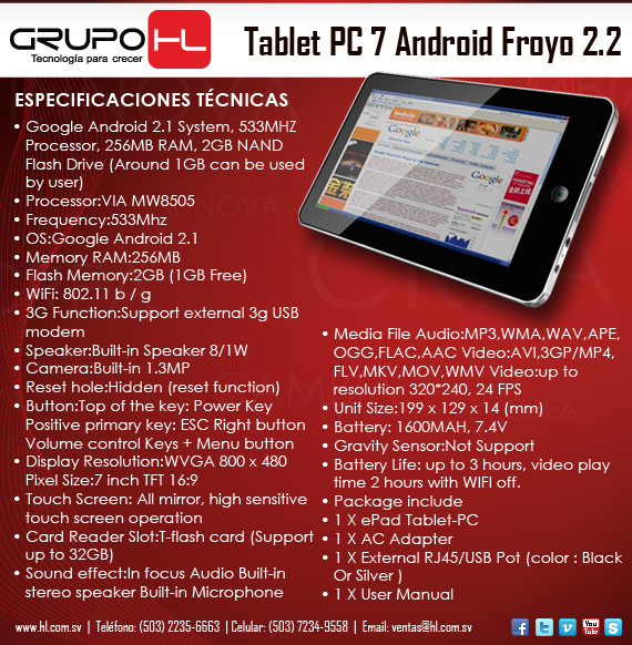 GRUPO HL, Tecnología para crecer: Tablet PC MID 7" con Android 2.2 Froyo.