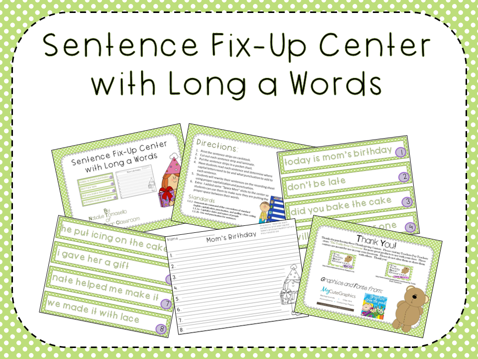 The Teddy Bear Classroom: Sentence Fix-Up Centers with Long Vowel Sounds