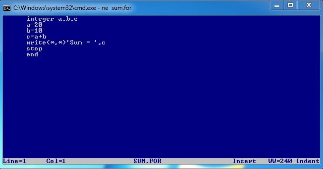 FORTRAN 77 program to find the sum of two numbers.